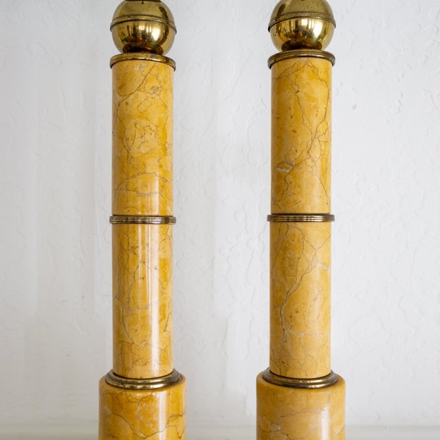 Pair of Yellow Art Deco Italian Giallo Siena Marble Column Table Lamps ...