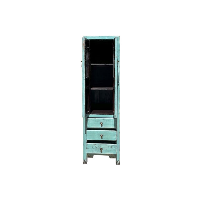 Distressed Turquoise Blue Slim Wood Carving Shutter Doors Storage ...