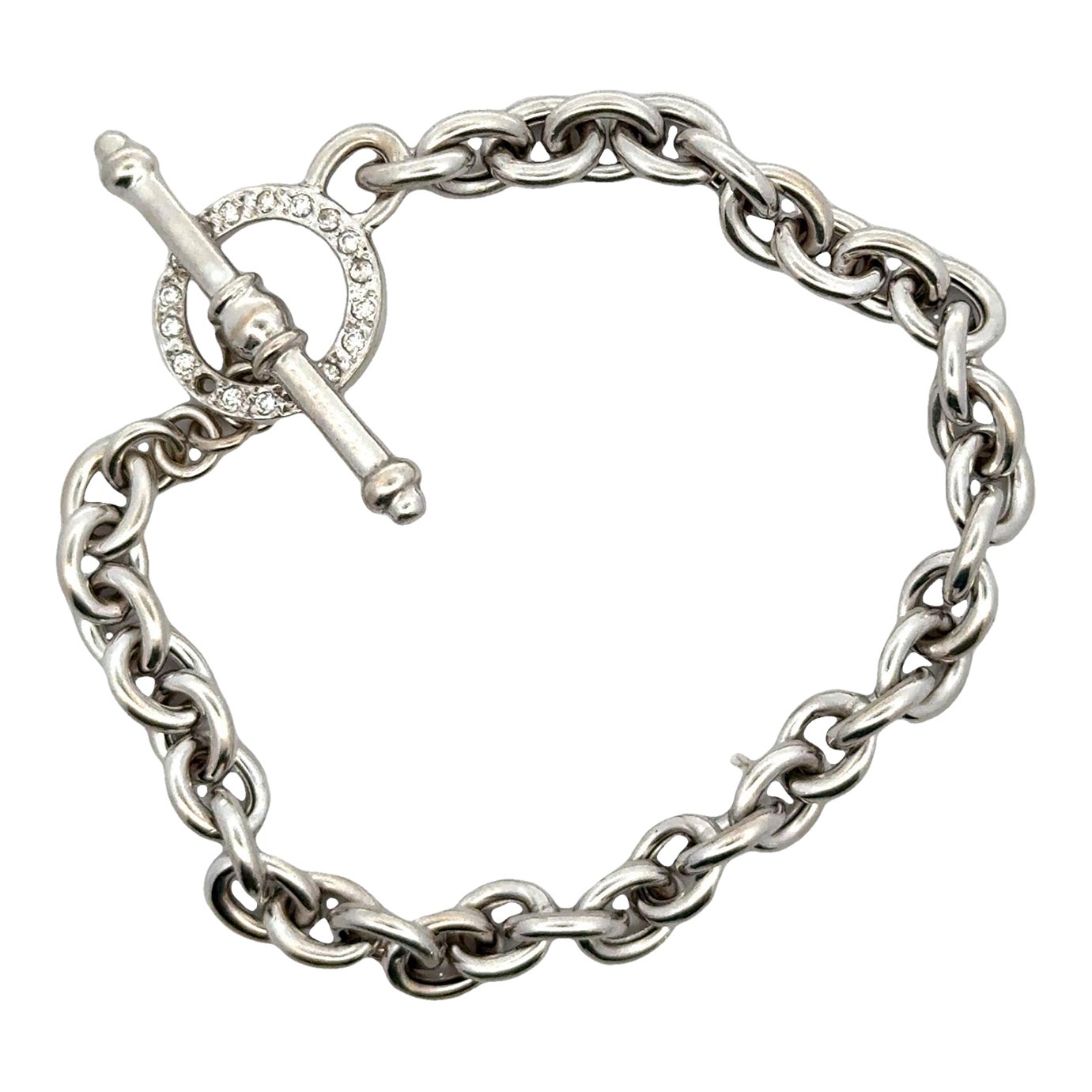 Modern 14 Karat White Gold Oval Link Diamond Toggle Bracelet | Chairish