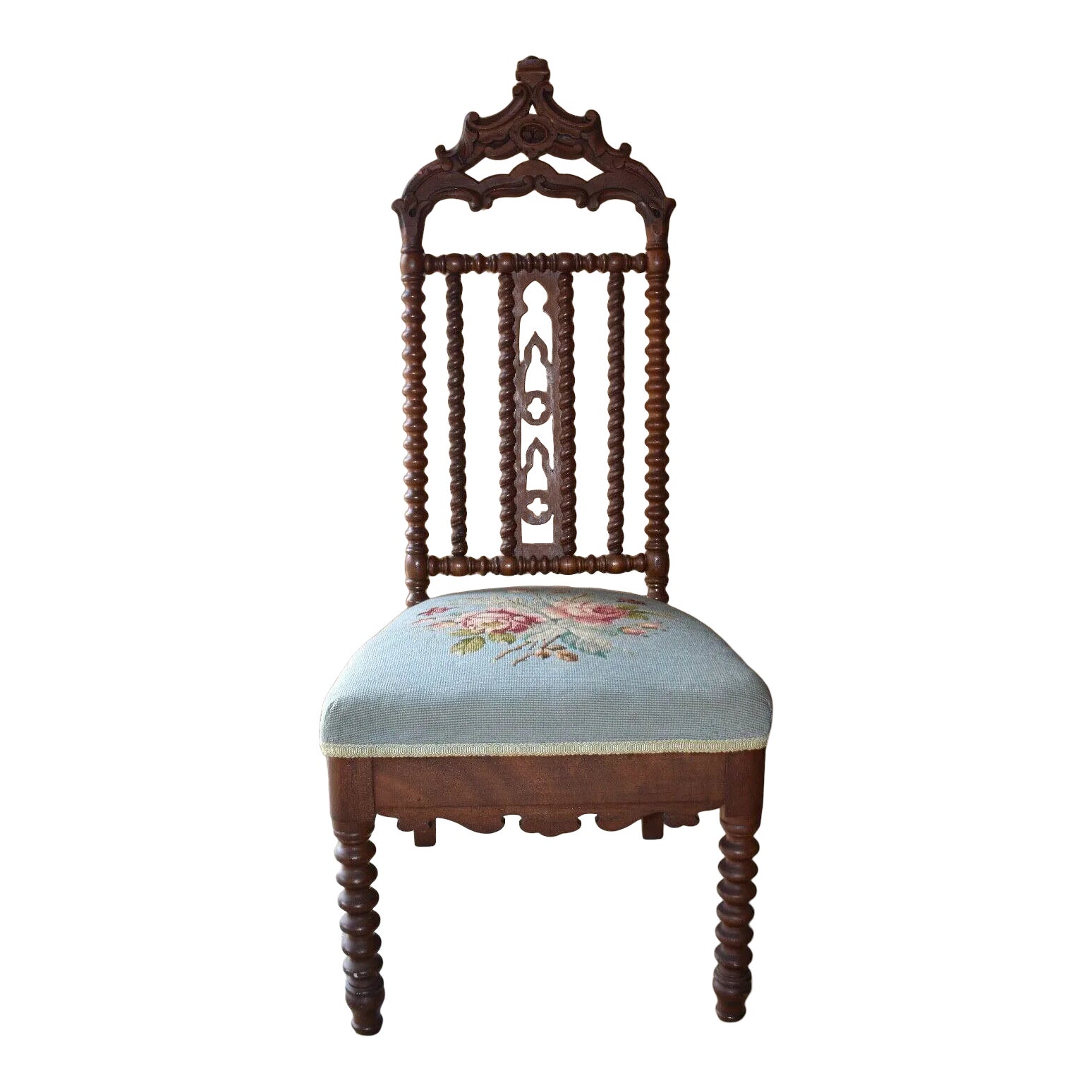 1800s Antique Spindle Needle Point Side Chair | Chairish