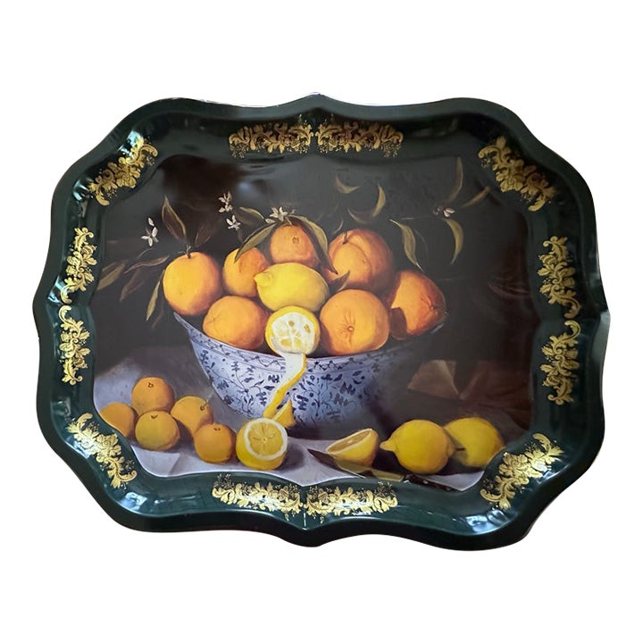 1980s Ian Logan English Tole Serving Tray Lemons Dark Green Gold ...