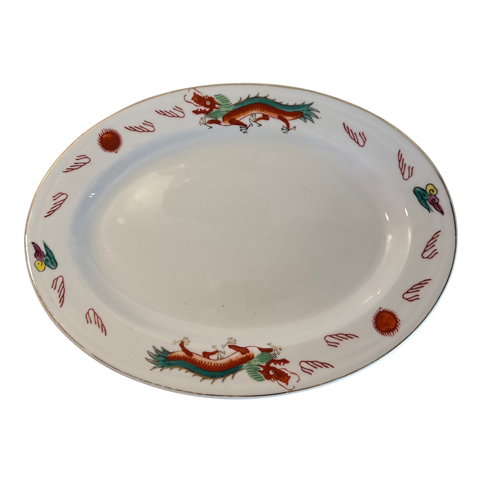 Vintage Dragon Motif Porcelain Oval Serving Platter | Chairish