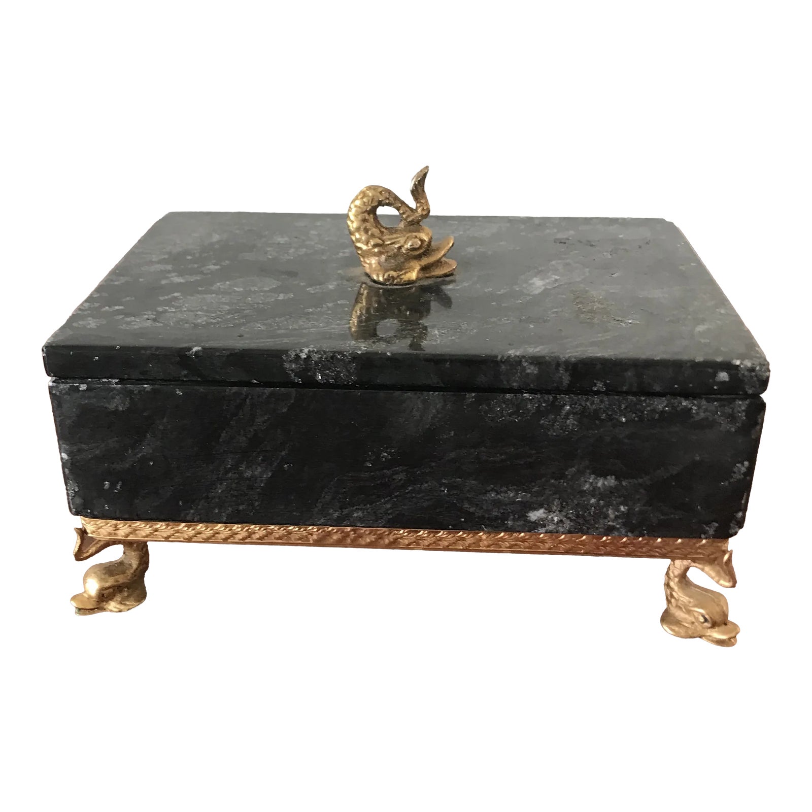Vintage Stone and Gold Metal Dolphin Box | Chairish