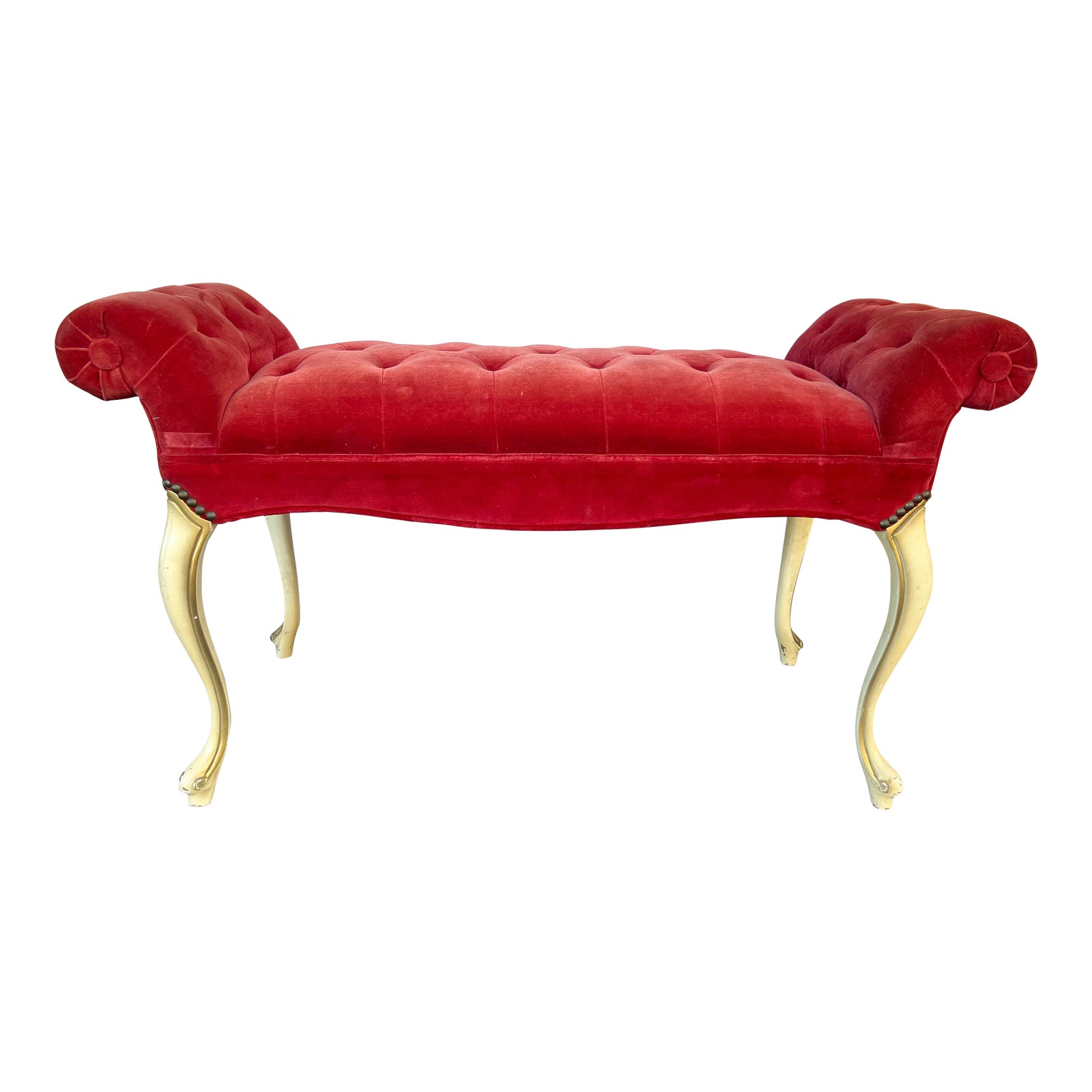 20th Century Red Velvet Rolled Arm Bench | Chairish