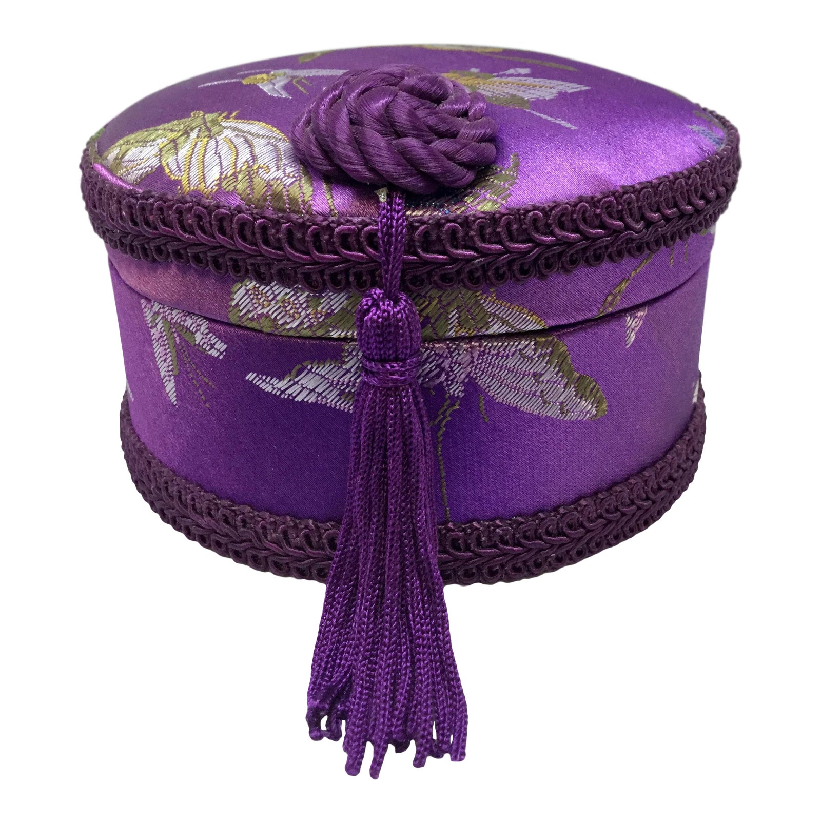 1980s Silk Covered Tasseled Trinket Jewelry Box | Chairish