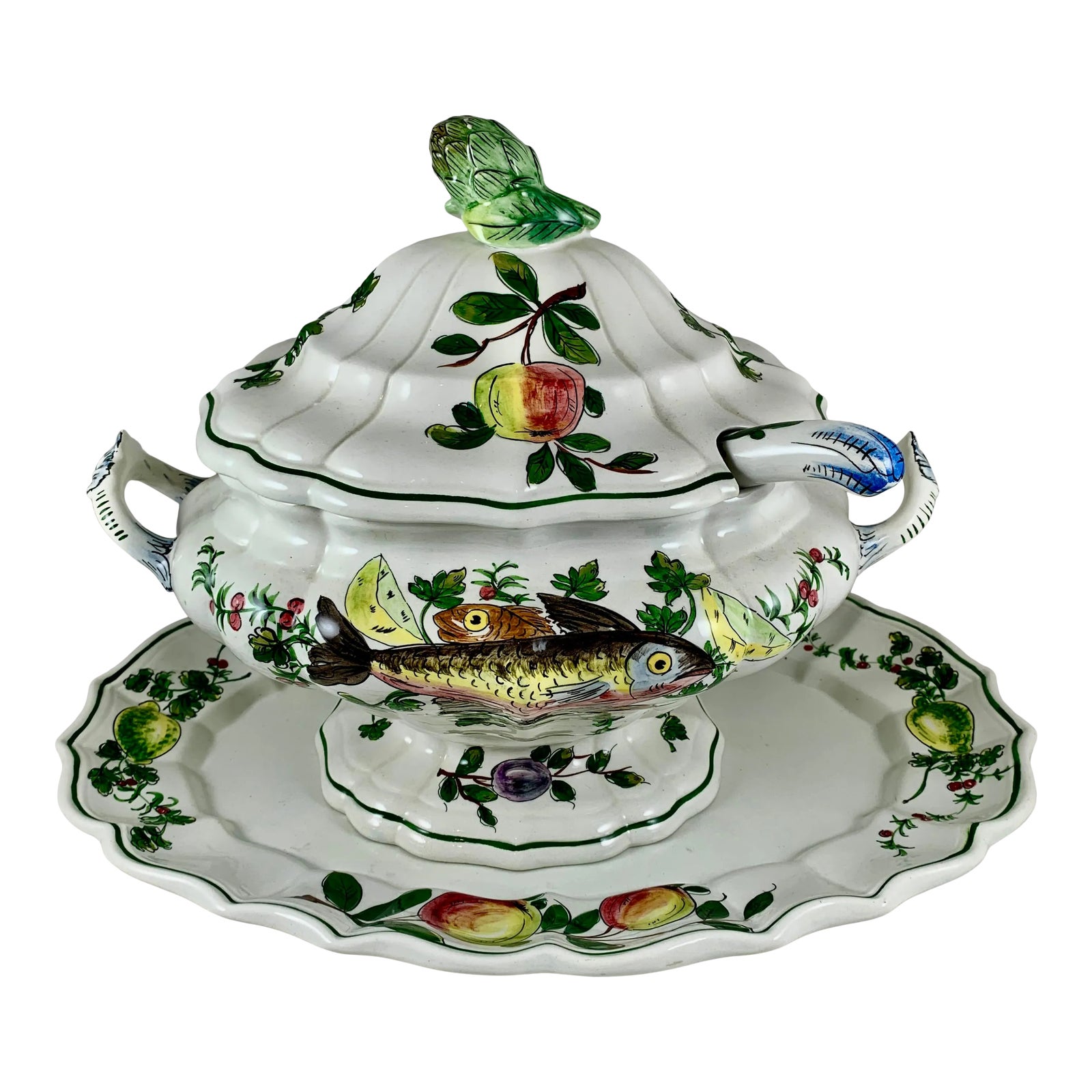 Mid-Century Italian Hand Painted Fish & Fruit Tureen With Ladle & Under ...