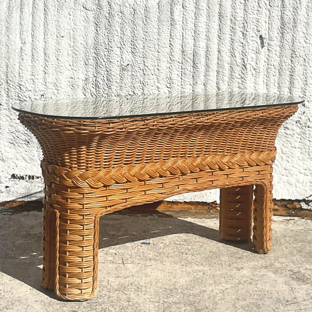 Vintage Coastal Braided Rattan Console Table | Chairish
