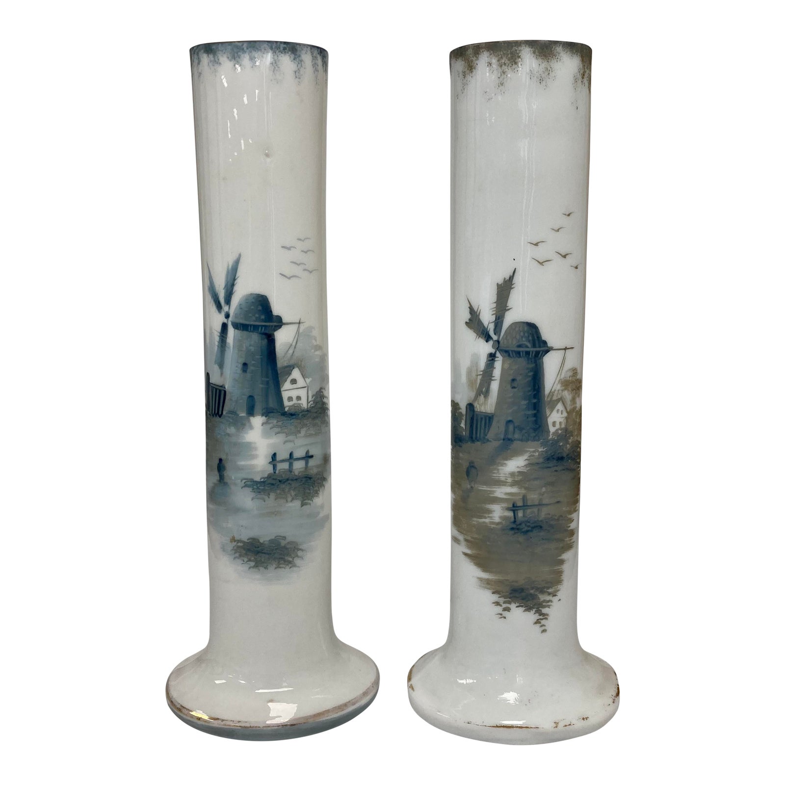Vintage Milk Glass Delft Hand Painted Windmill Vases - Set of 2 | Chairish