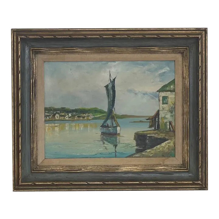 1970s Title Vintage Framed Painting Depicting a Boat Scene | Chairish