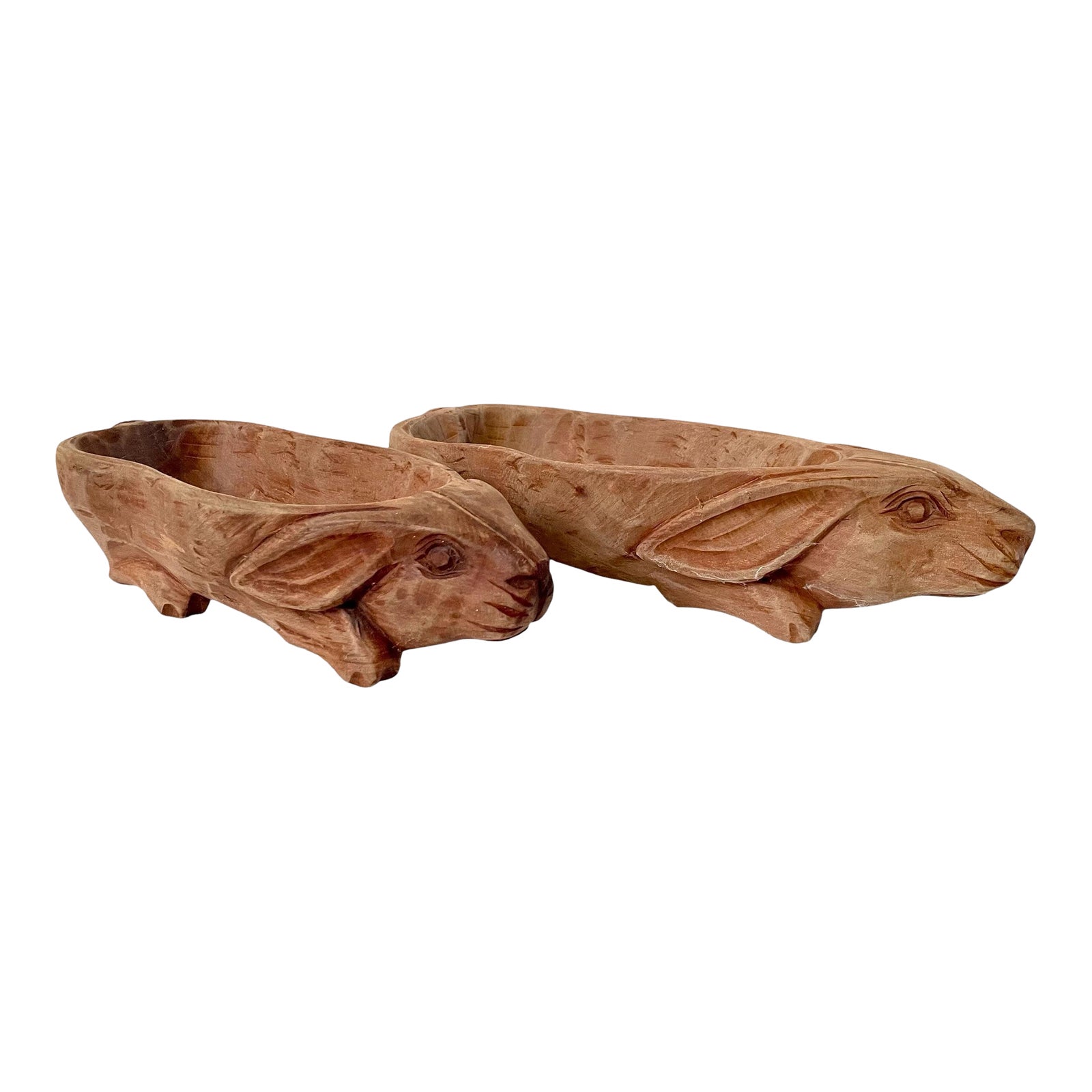 2 Hand Carved Wooden Bunny Rabbit Bowls Primitive Easter Egg Tray ...