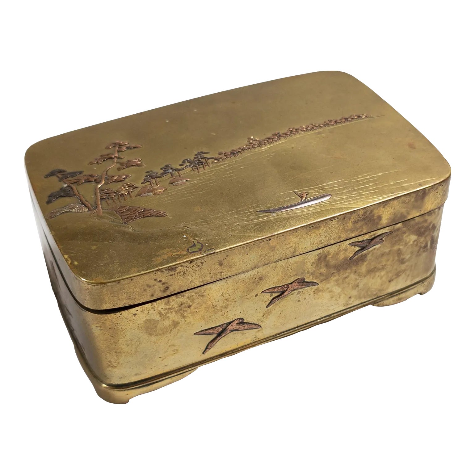 19th Century Japanese Meiji Mixed Metal Box With Birds and Landscape ...