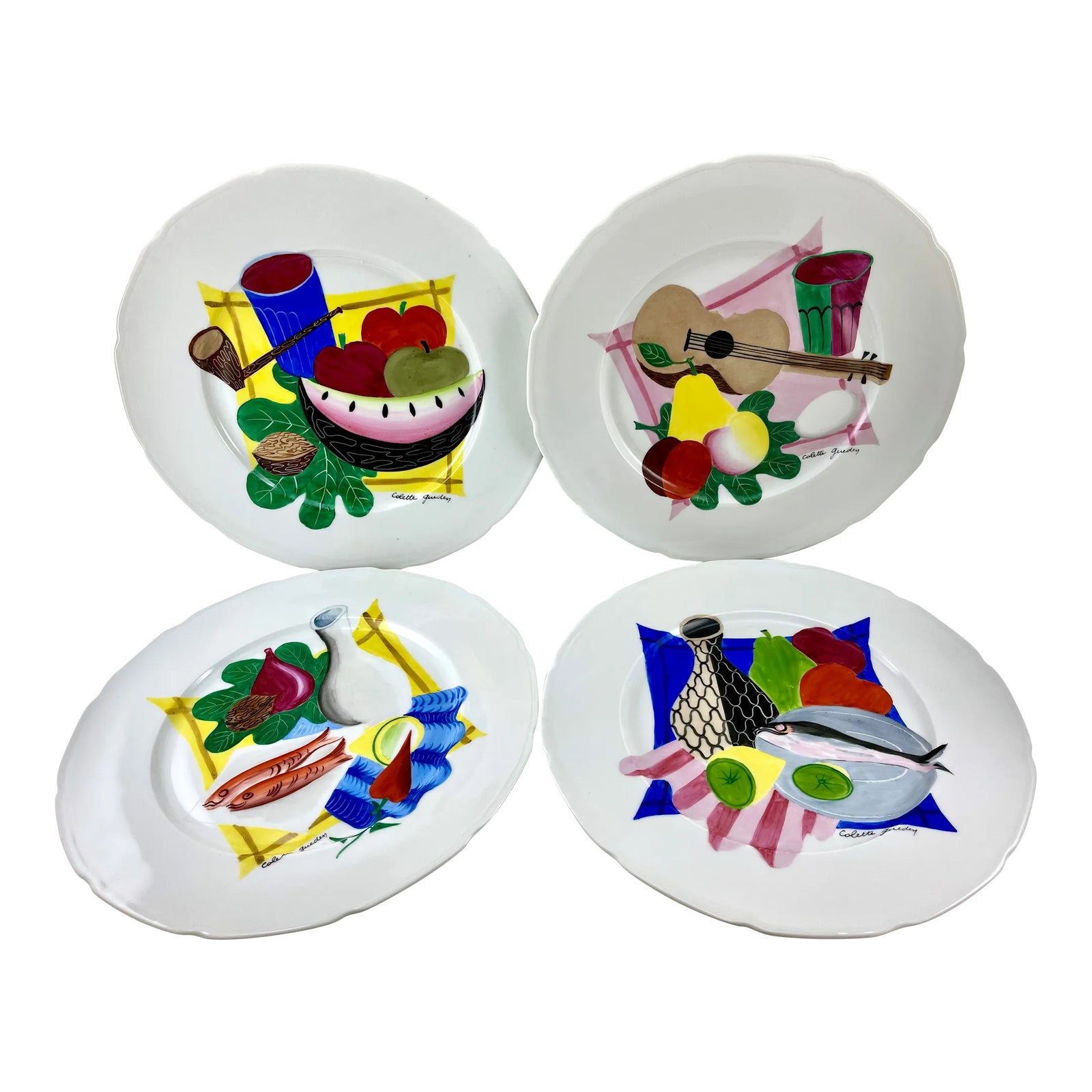 1950's Signed Colette Gueden Hand Painted Cabinet Plates, France - Set ...