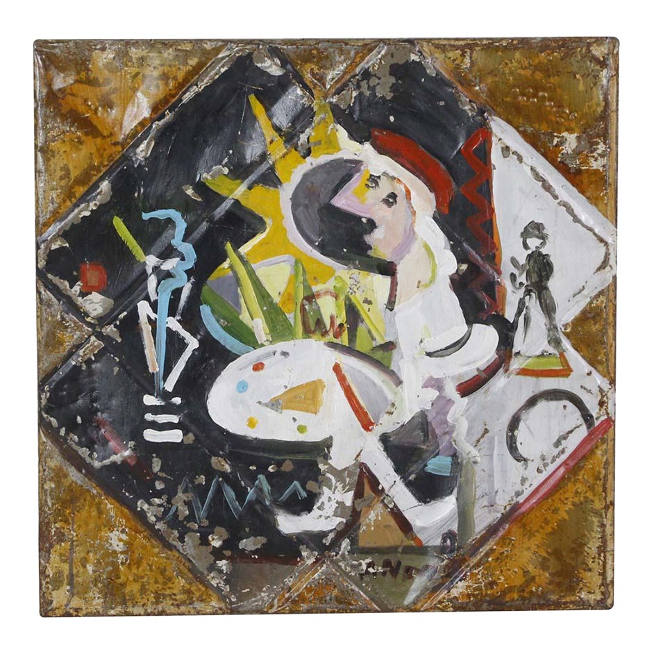 Mladen Novak Abstract Antique Tin Panel Painting | Chairish