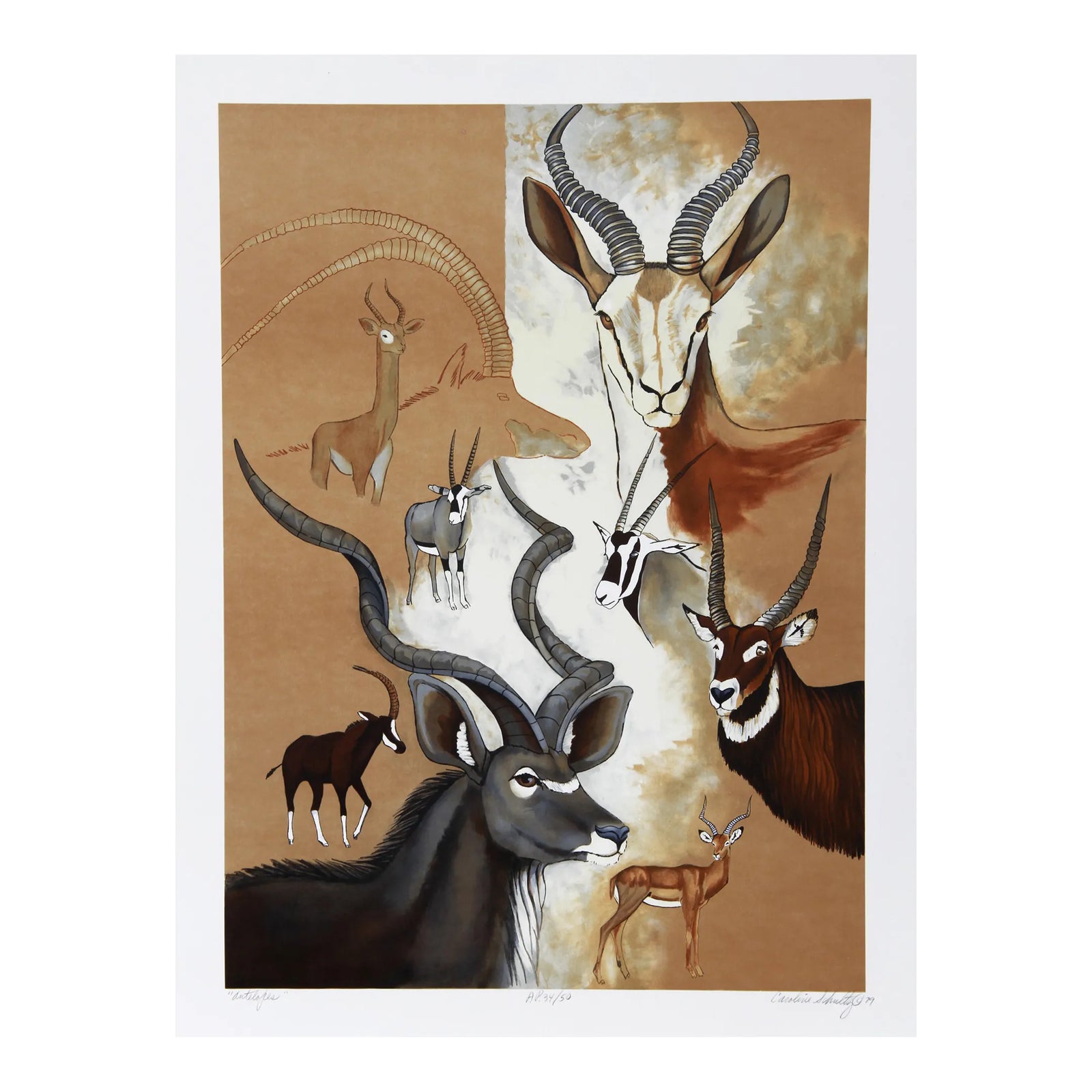 1970s "Antelope Composition" Lithograph by Caroline Schultz | Chairish