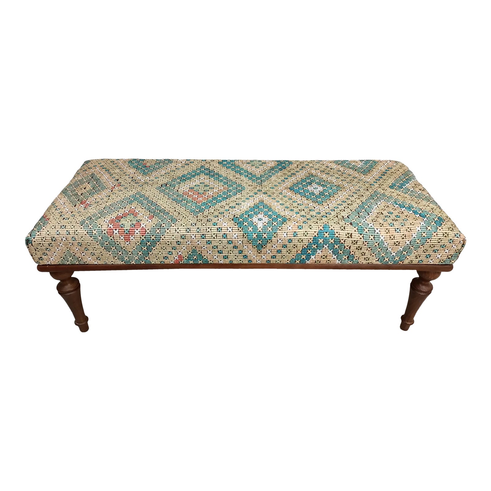 Handmade Rug Printed Fabric Upholstered Bench | Chairish