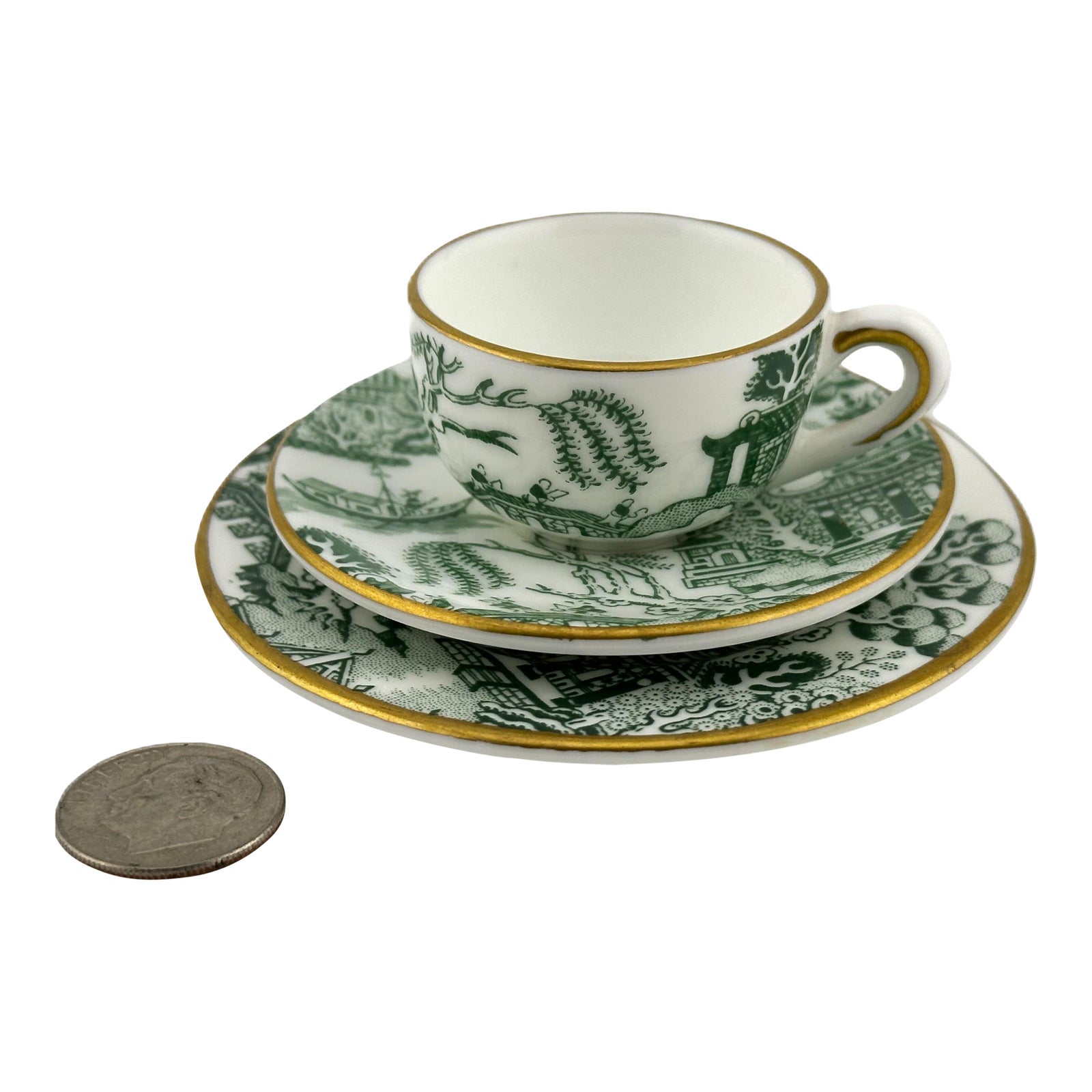1970s Coalport Miniature Cup, Saucer & Plate – Willow Pattern, Green ...