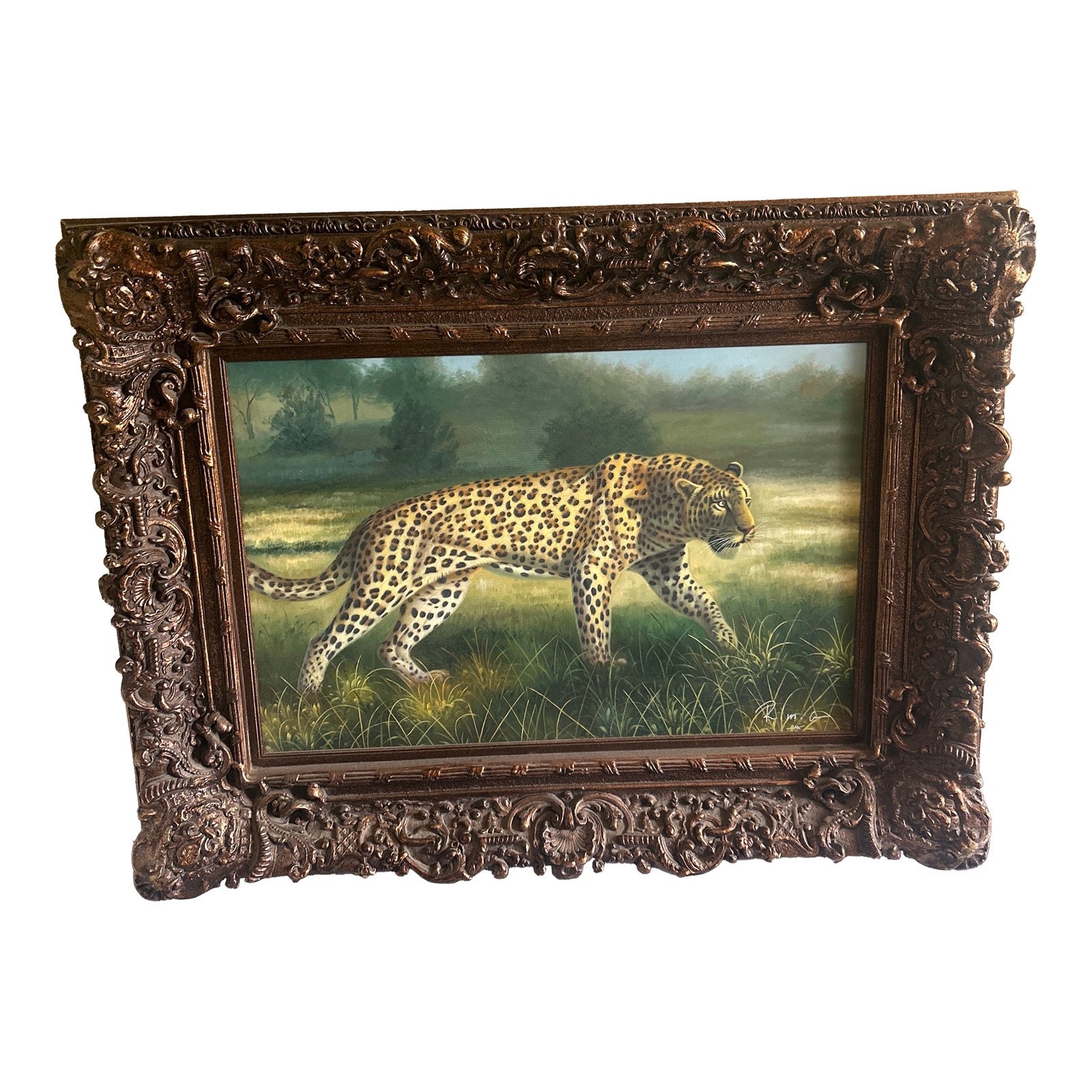 1960s Stunning Substantial Gold Gilded Frame Leopard Painting | Chairish