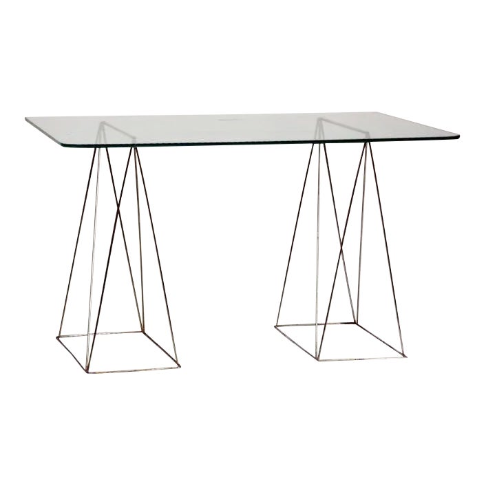 Minimalist Steel and Glass Trestle Table | Chairish