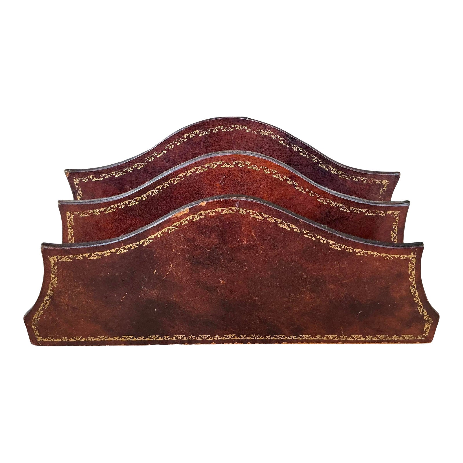 1980s Leather Embossed Wooden Letter Holder Desk Accessory | Chairish