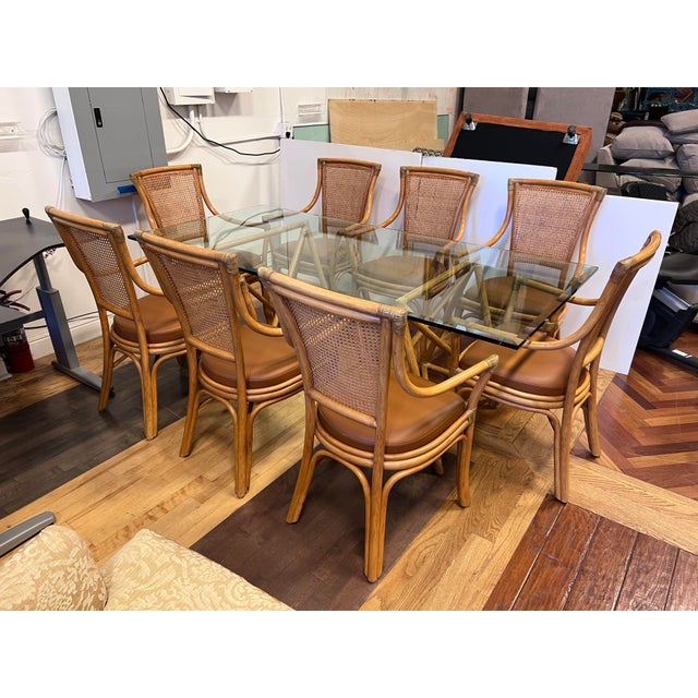 1990's Palecek Bamboo + Leather Wrapped Glass Dining Room Table | Chairish