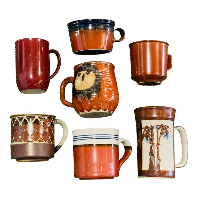 Vintage Mismatched Set of 7 Stoneware Mugs Including Lions Face | Chairish