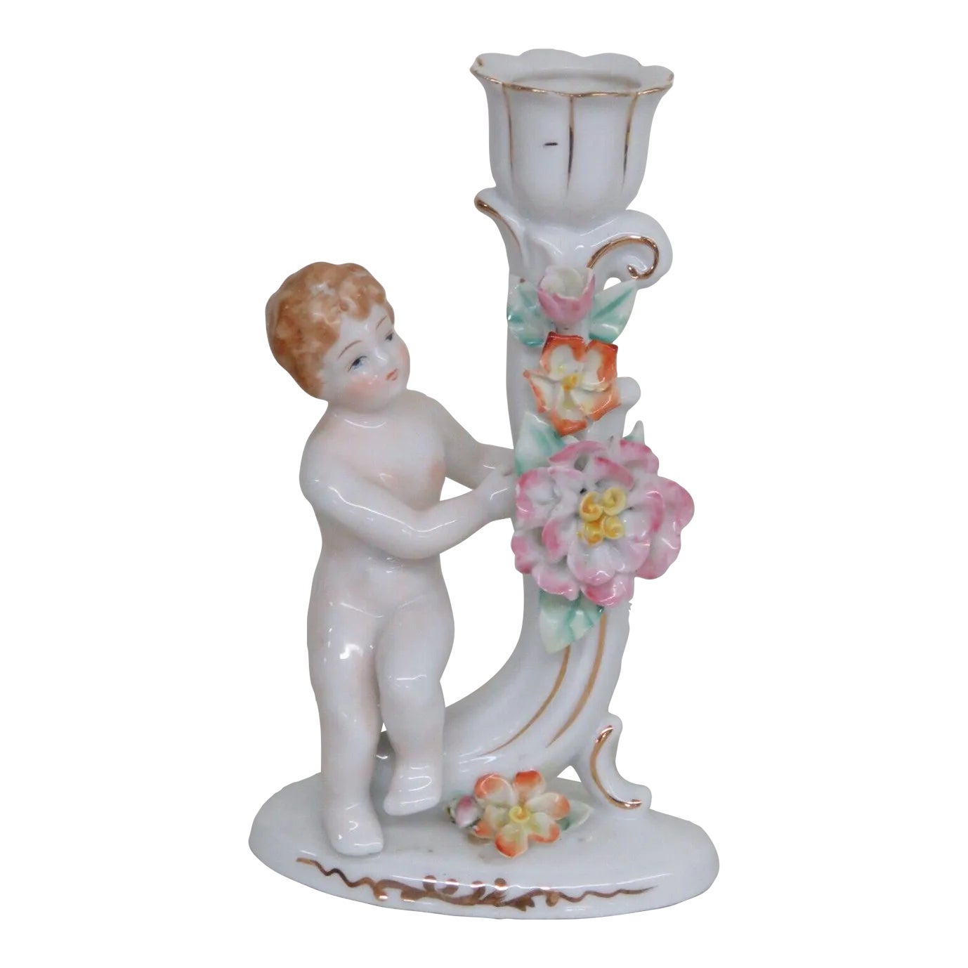 Porcelain Cherub and Flower Figurine Candle Holder | Chairish