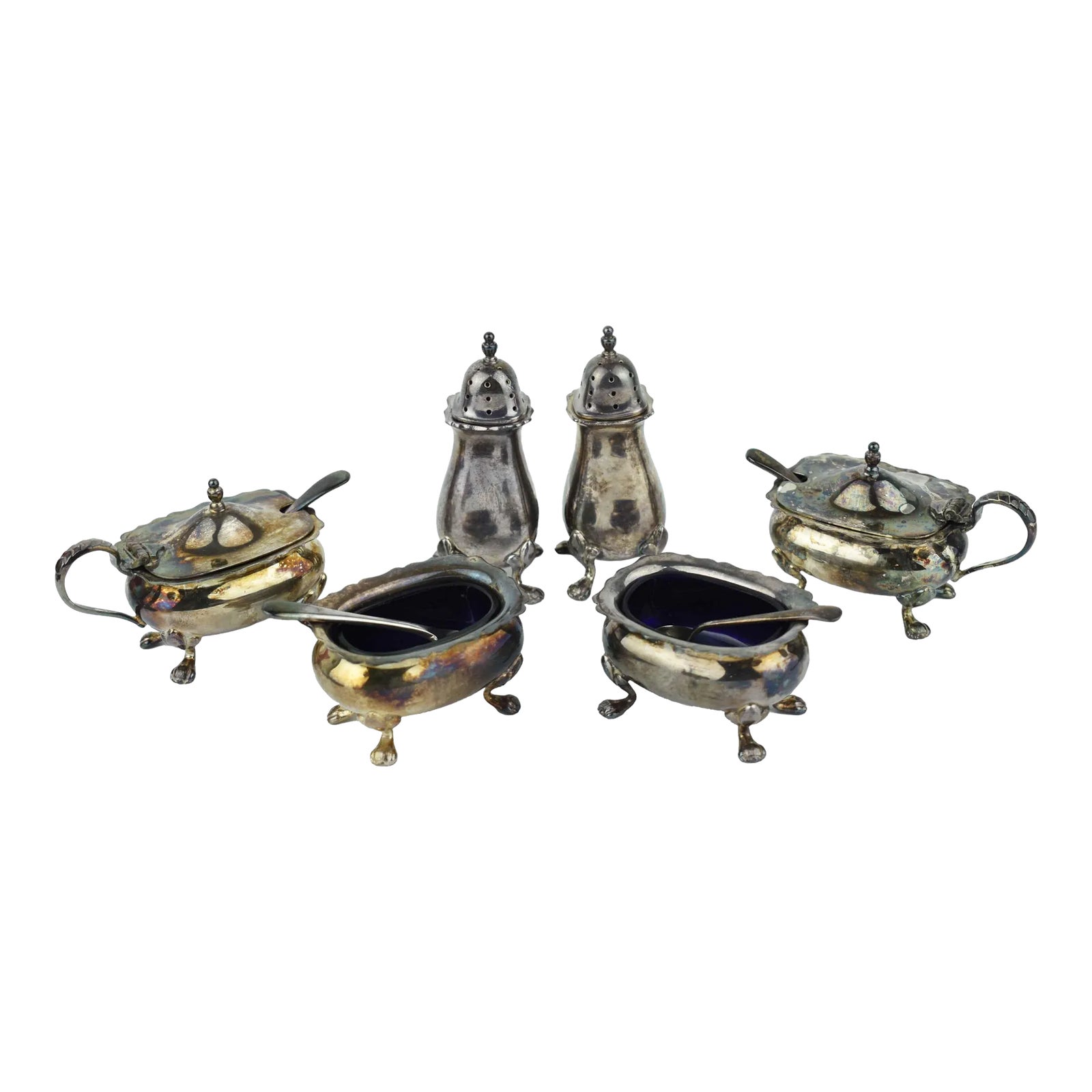 1930's Walker & Hall Silver Plated Condiment Set With Cobalt Blue Glass ...