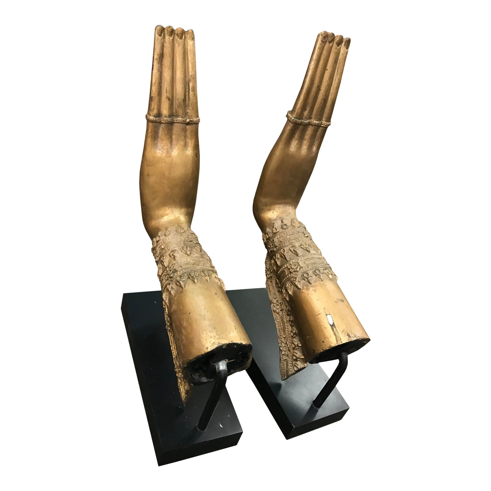 Contemporary Thai Hands Bronzed on Iron Stands - a Pair | Chairish