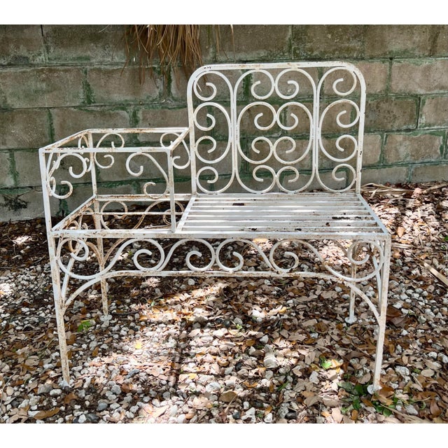 Vintage Wrought Iron Curlicue Telephone Bench | Chairish