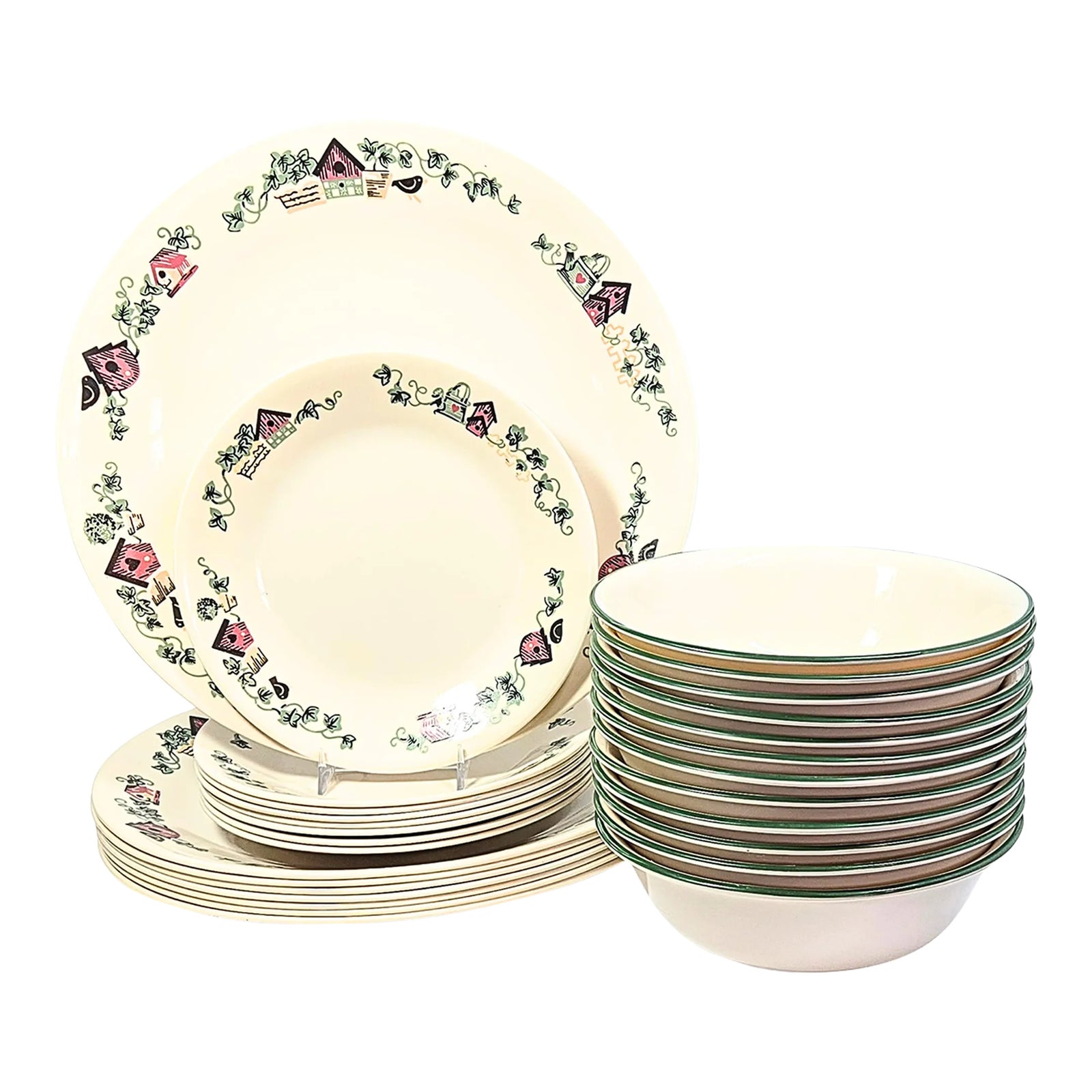 Cottage Style Birdhouse & Ivy Dinnerware - Set of 28 | Chairish