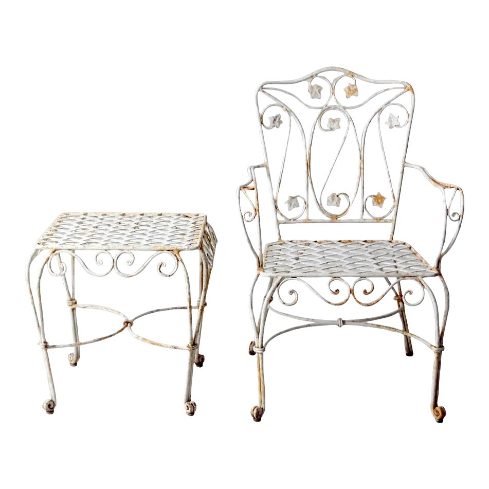 Vintage Wrought Iron Arm Chair and Table Set | Chairish
