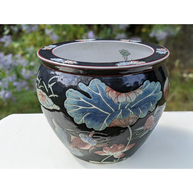 1980s Chinese Porcelain Famille Noir Lotus Planter Jardiniere With Coy ...
