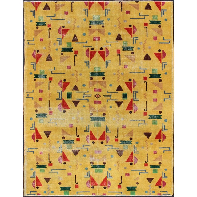 Mid-Century Modern Turkish Rug, Vintage Modern Design in Yellow Color ...
