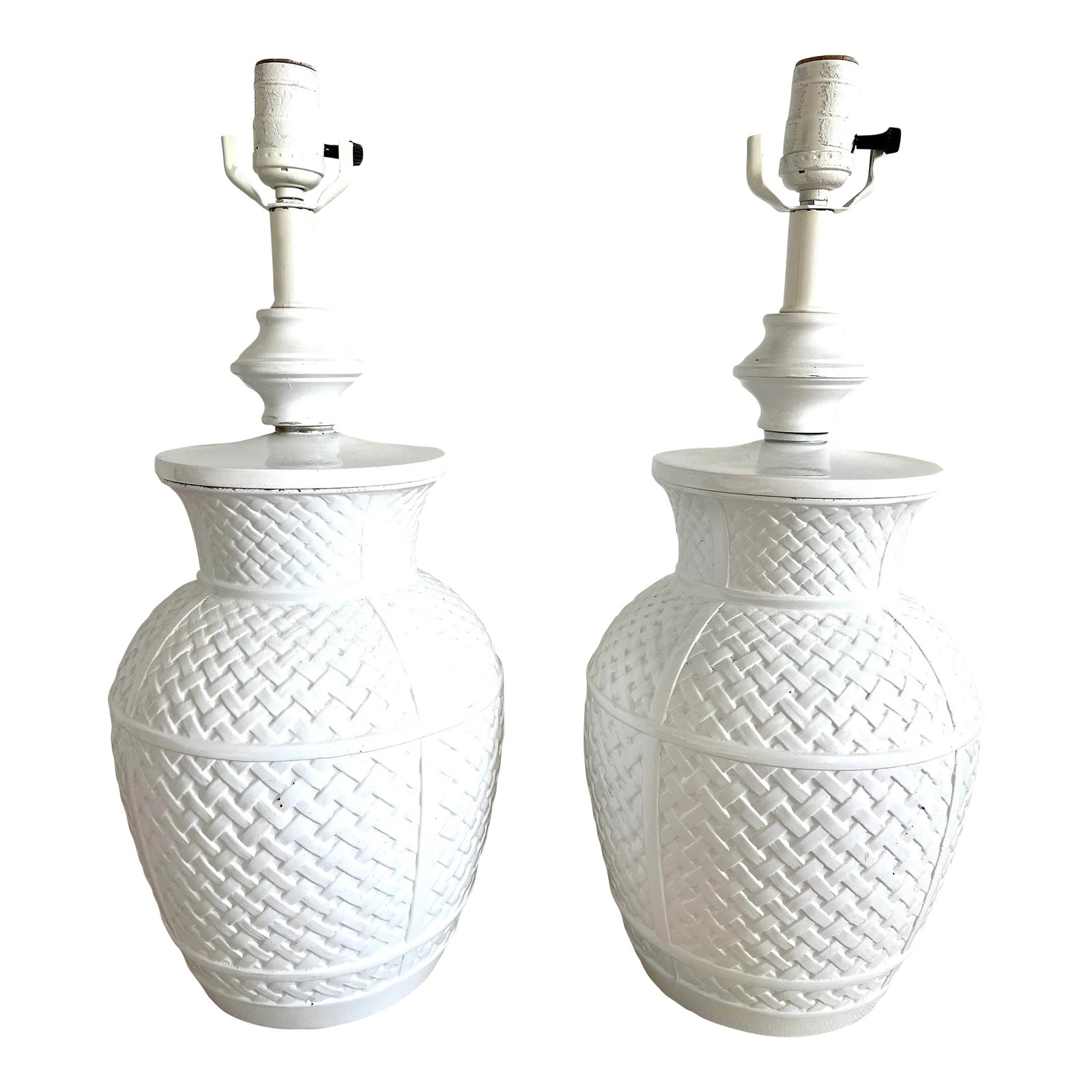 Metal Basket Weave White Table Lamps - a Pair | Chairish