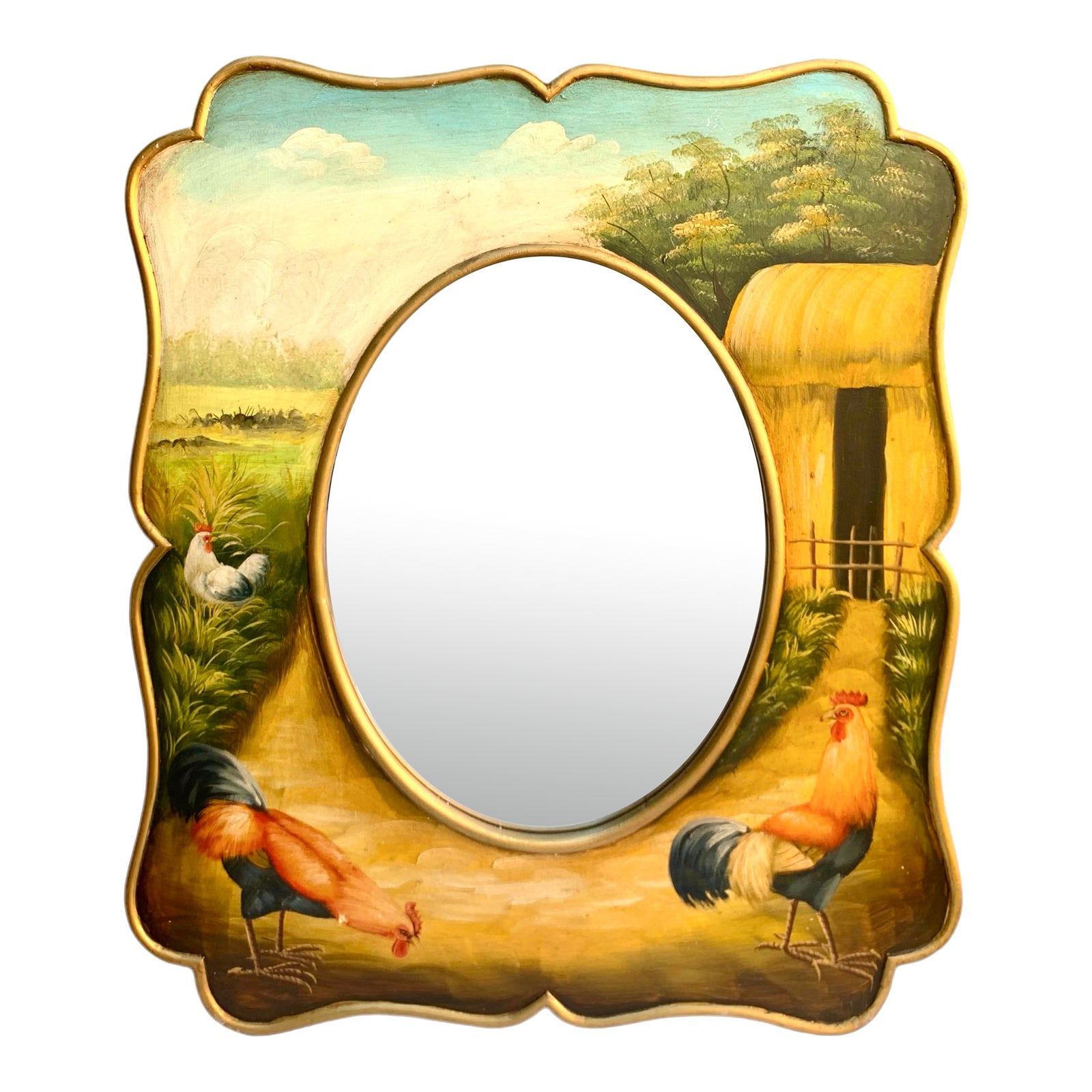 Late 20th Century Oval Mirror on Rooster Chicken Painting on Wood ...