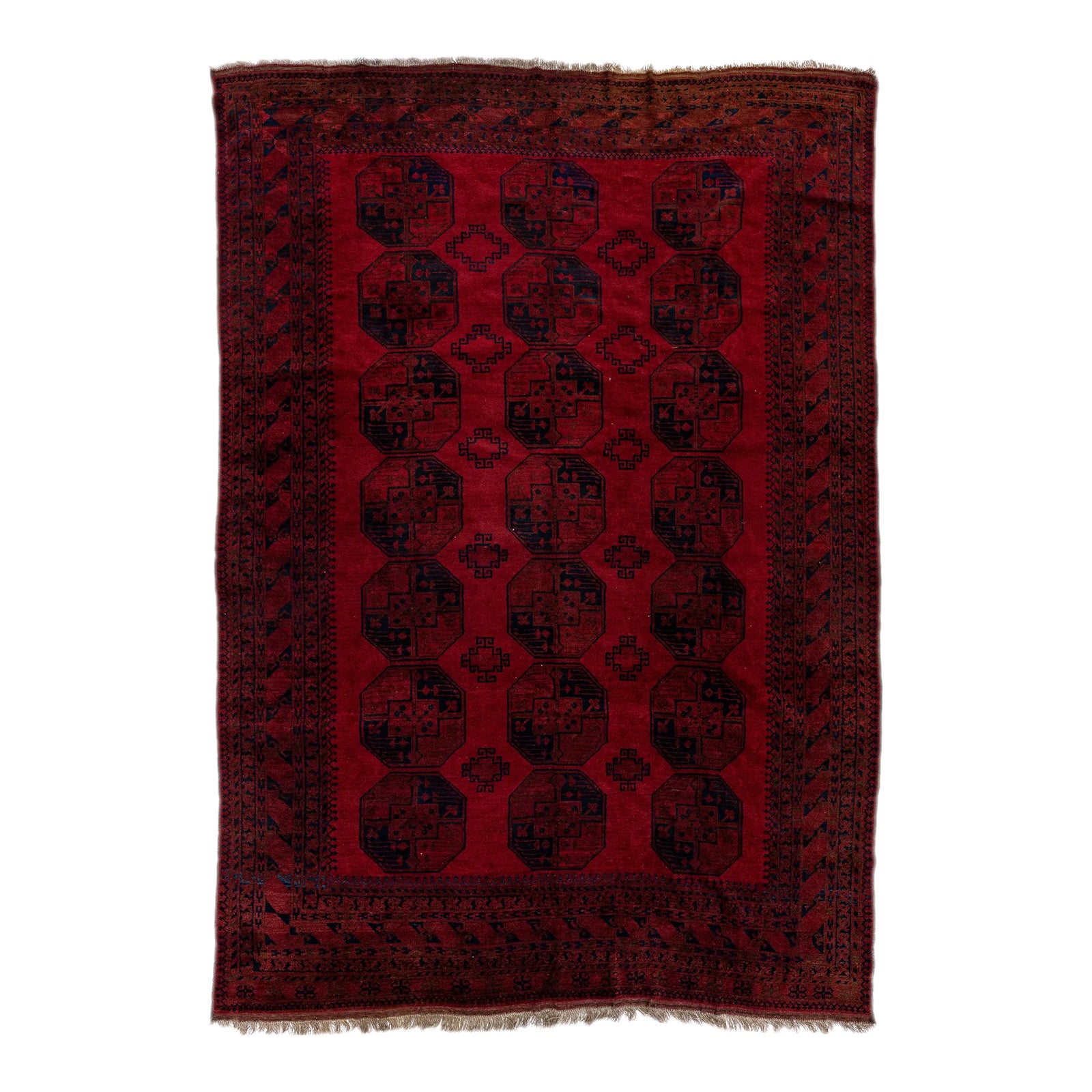 Antique Turkmen Handmade Red & Blue Wool Rug With Gul Motif | Chairish