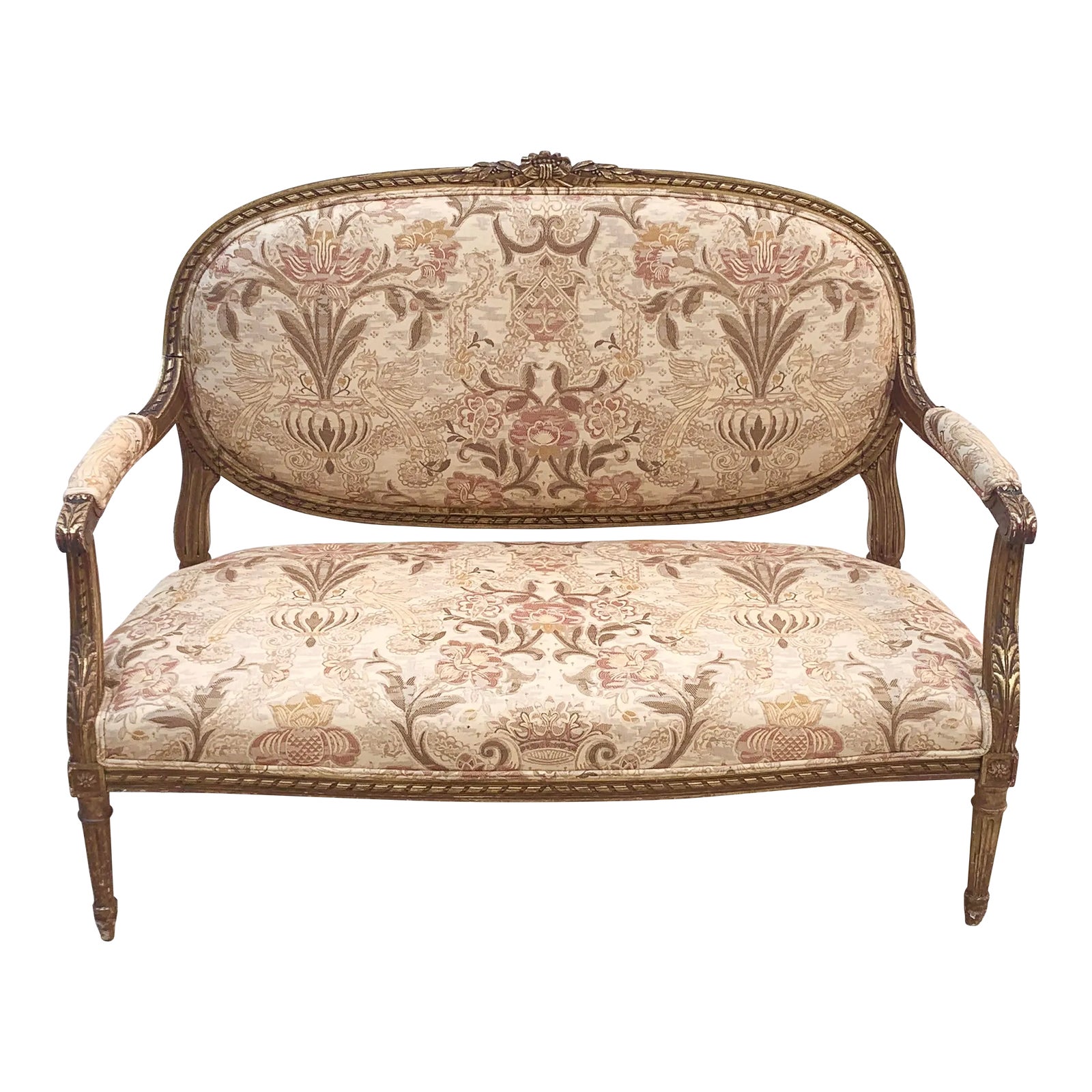 Antique Louis XVI Style Upholstered Gilt Wood Setee | Chairish