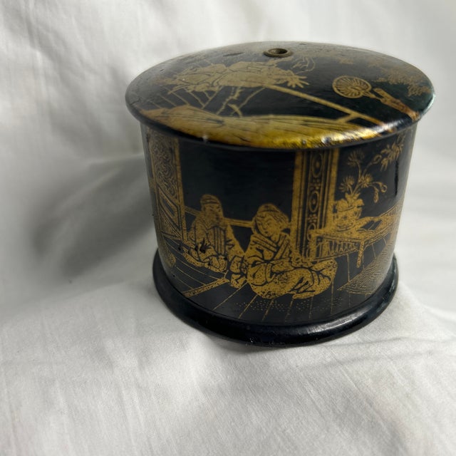Vintage Asian Round Black Enamel Box With Gold Detail | Chairish