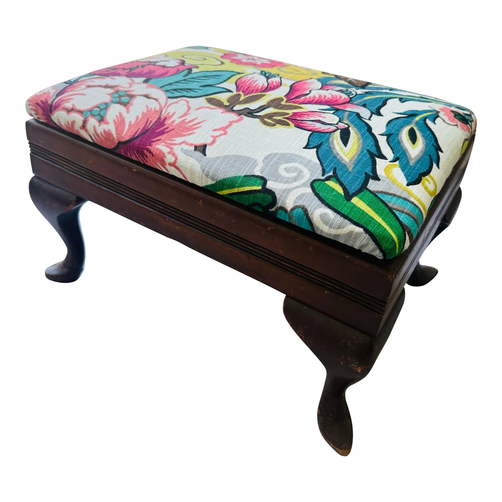 Antique Footstool Reupholstered in Colorful Designer Fabric | Chairish