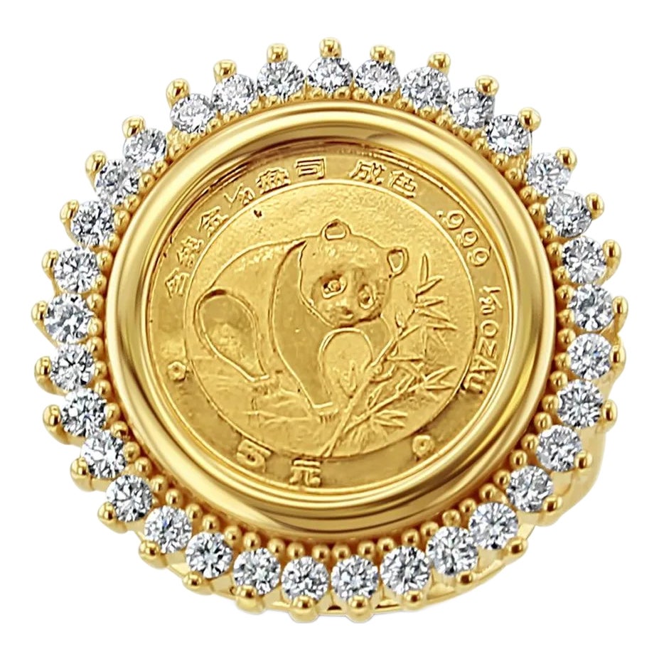 20th Ounce Panda Coin Ring with Diamond Halo, Size 5 | Chairish