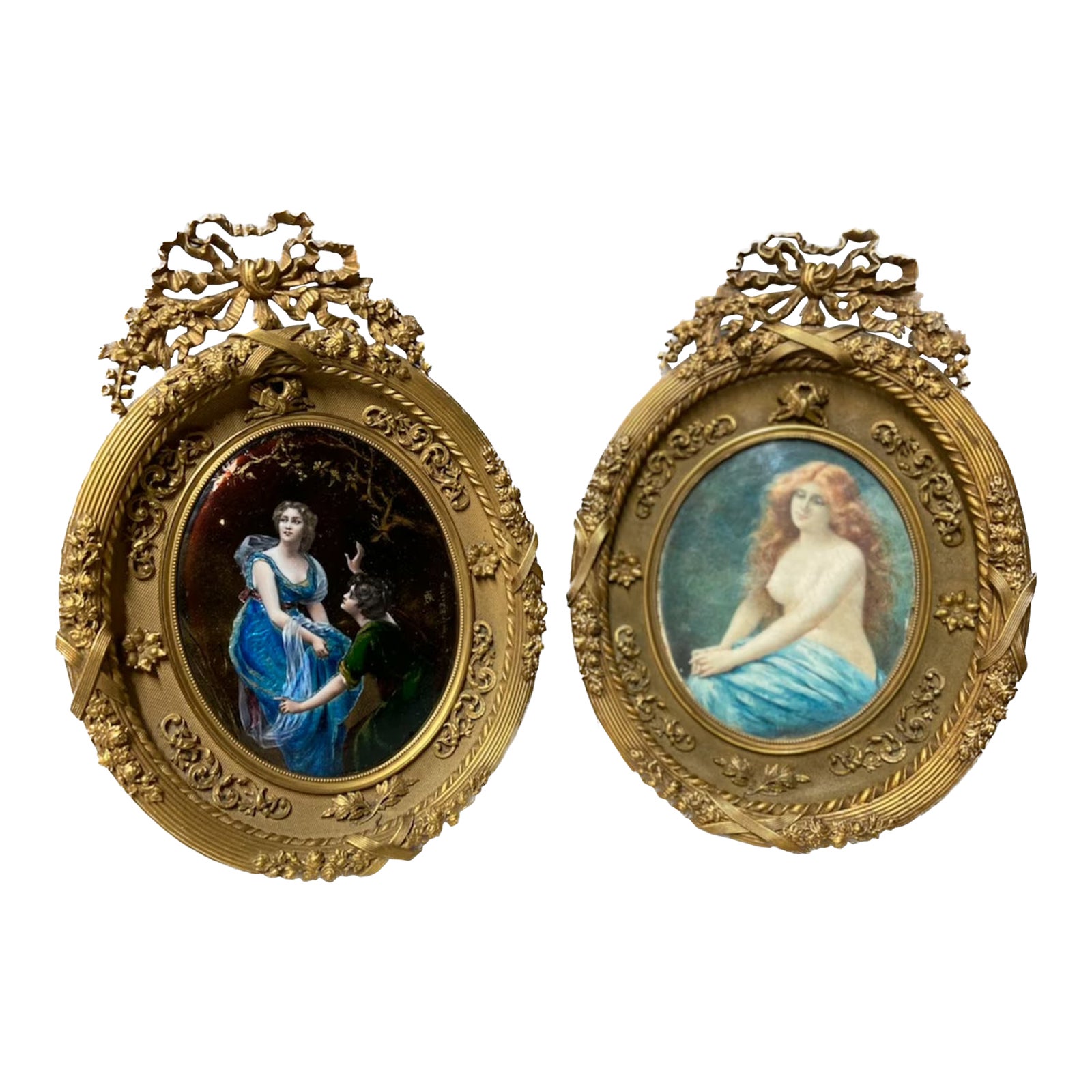 Pair of Antique French Miniature Paintings by Edouard Bisson in Gilded ...