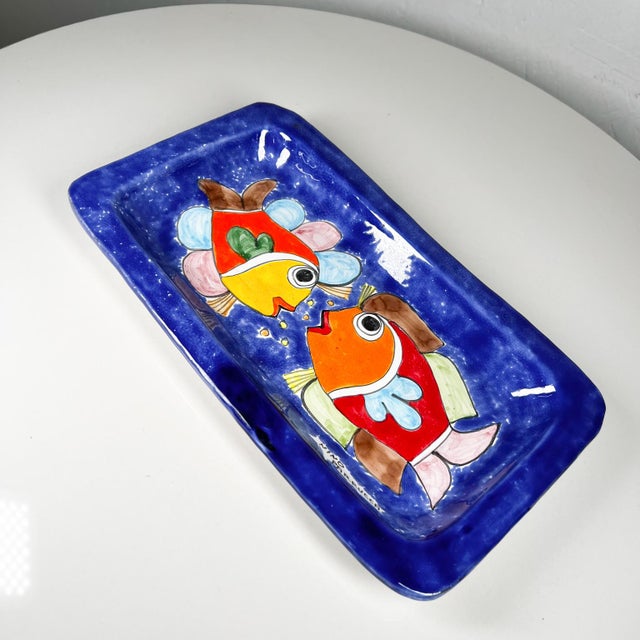 1990s Hand Painted Art Plate Blue Fish Nino Parrucca Ceramiche Palermo ...