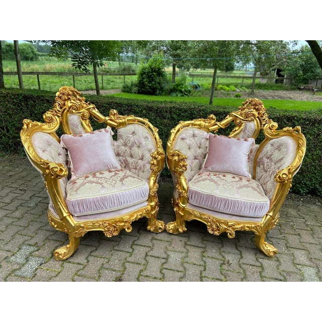 Pair of Late 20th Century Rococo Baroque Bergere Chairs in Gilded Beech ...