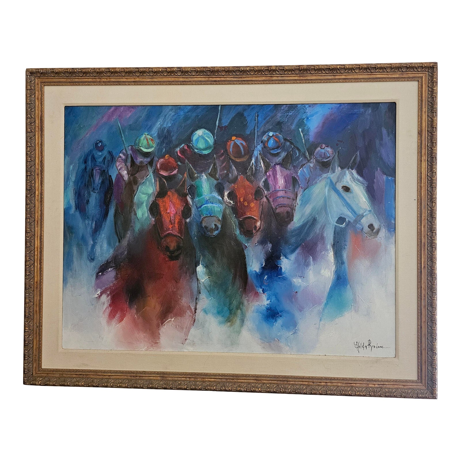 Horse Race Original Oil Painting by Hilda Rindom | Chairish