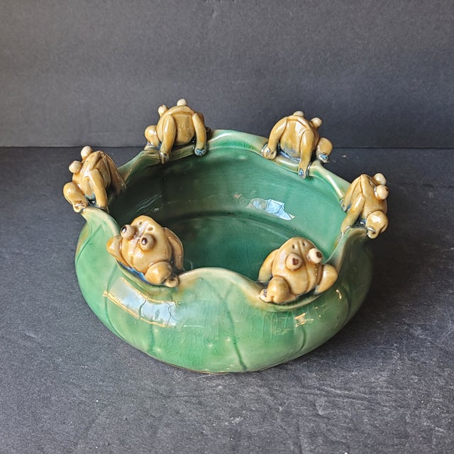 Vintage Majolica Frog Planter 6 Frogs on Leaf Cachepot Plant Pot Bowl ...