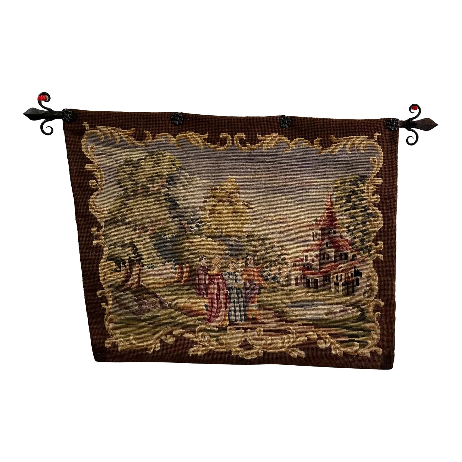 Antique Tudor Style Petite Needlepoint Tapestry W/Wrought Iron Rod ...