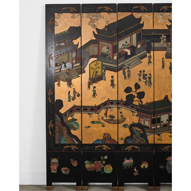 Chinese Export Six Panel Coromandel Screen Gilt Pavilion | Chairish