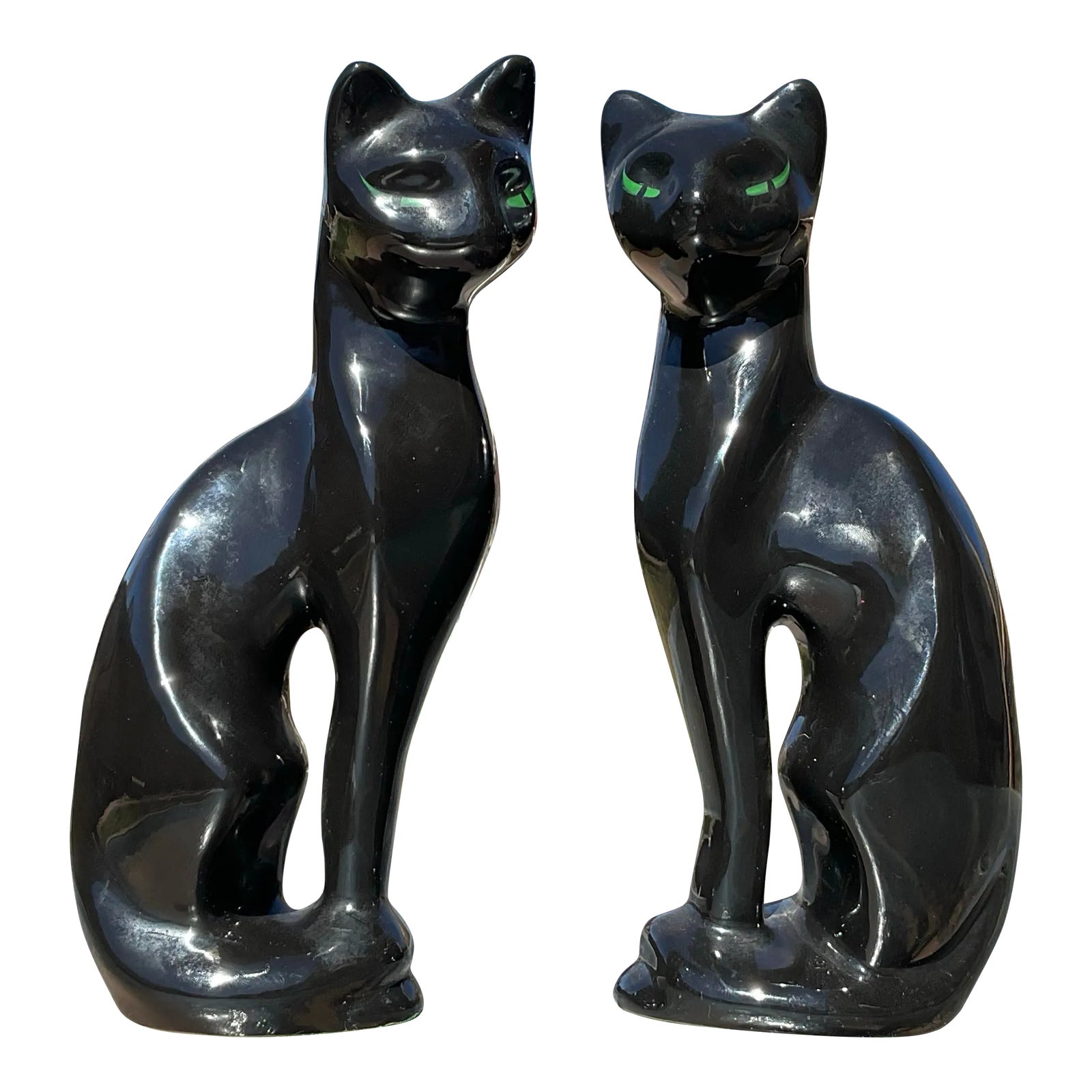 Mid Century Pair of Black Atomic Cats With Green Eyes | Chairish