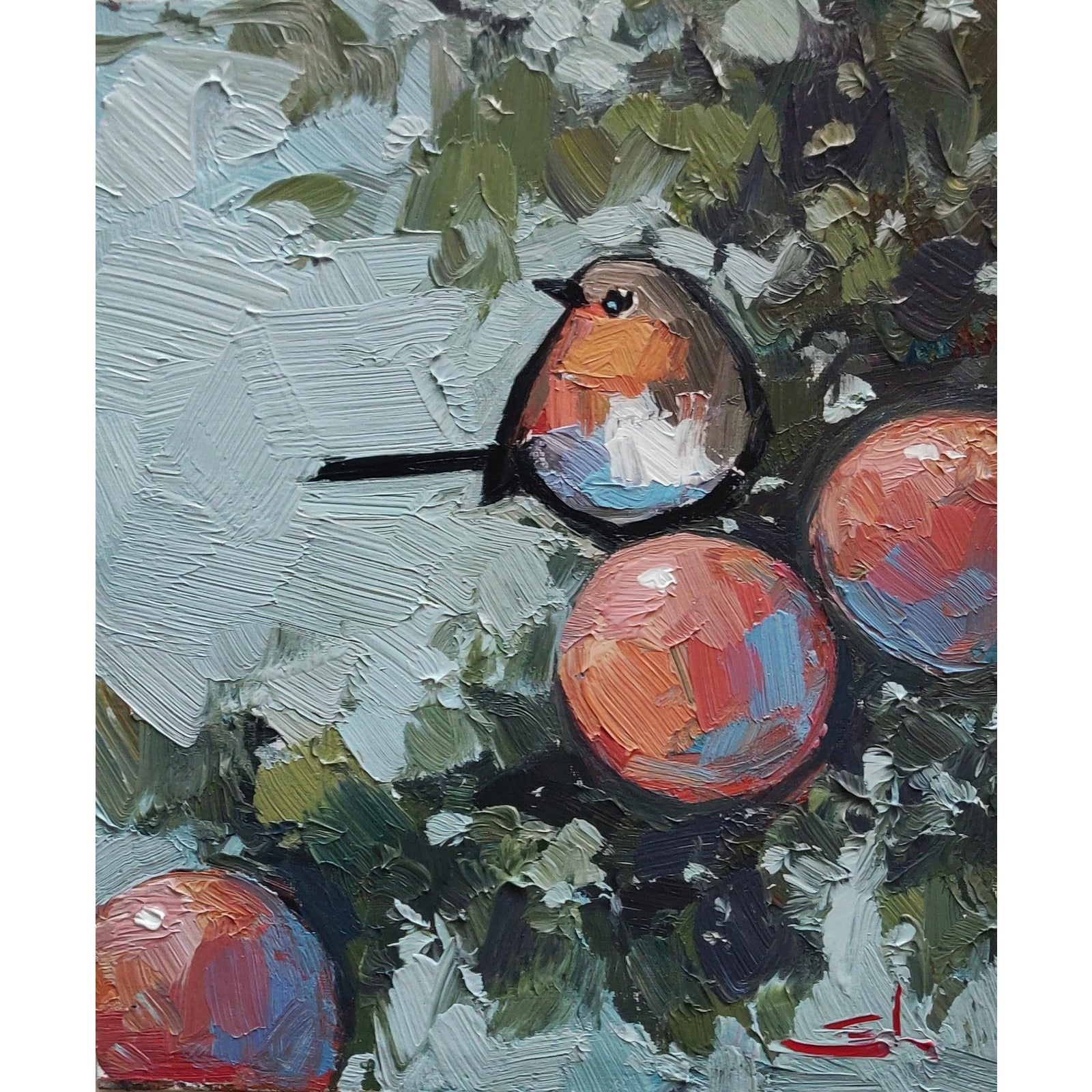 Orange Tree Robin Oil Painting by Vivek Mandalia | Chairish
