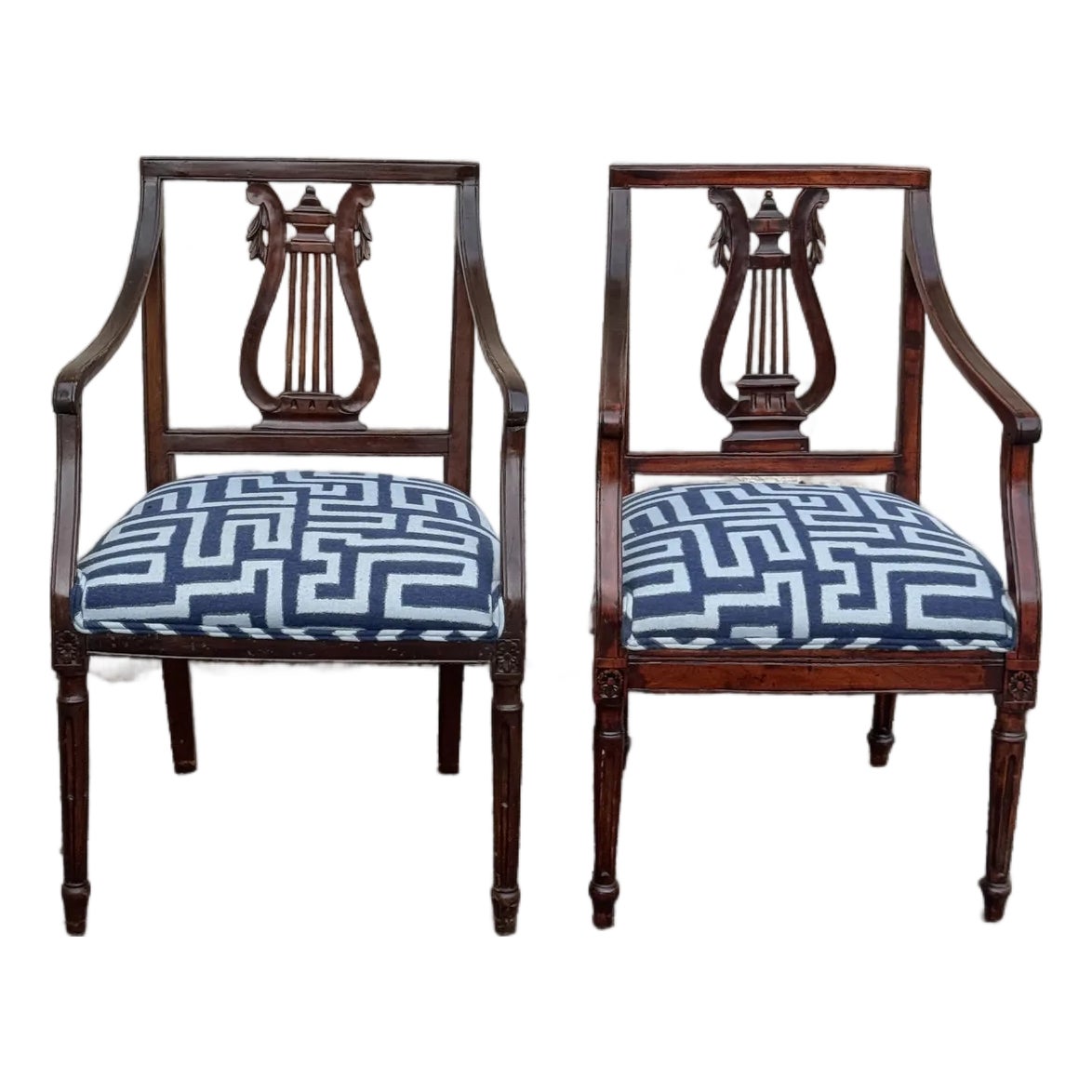 Vintage Lyre-Back Accent Chairs With Navy Geometric Upholstery - Set of ...